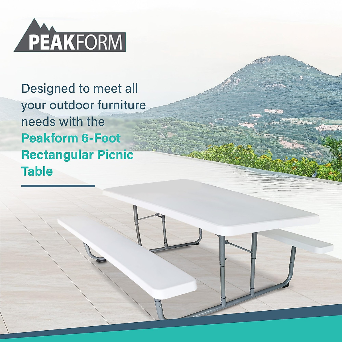 Peakform 6 Foot Rectangular Picnic Table, Multipurpose Indoor Outdoor Furniture with Double Bench Wood Grain Seating, White/Black