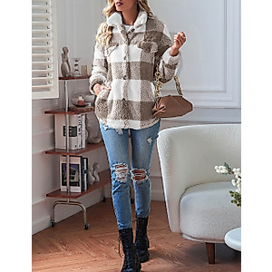 MEROKEETY Womens Plaid Long Sleeve Button Down Fleece Shacket Jackets Sherpa Teddy Coat with Pockets, Khaki, S