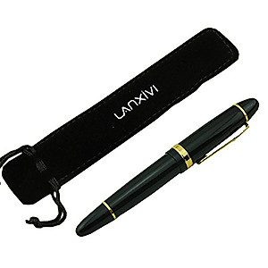 Jinhao 159 Fountain Pen Medium Black Lacquer Gold Trim Big Heavy with Pen Pouch & Refill Ink Converter Business Signature Collection Pen