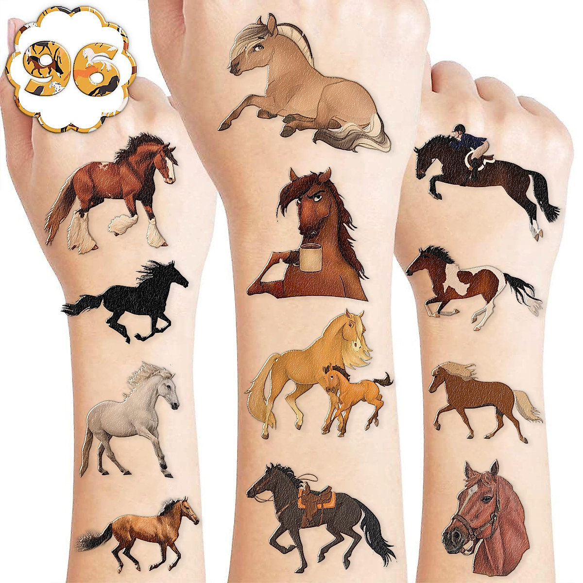 Horse Temporary Tattoos for Kids Birthday Party Supplies Favors 96PCS Tattoos Stickers Super Cute Gifts Party Decorations Girls Boys Classroom School Prizes Themed