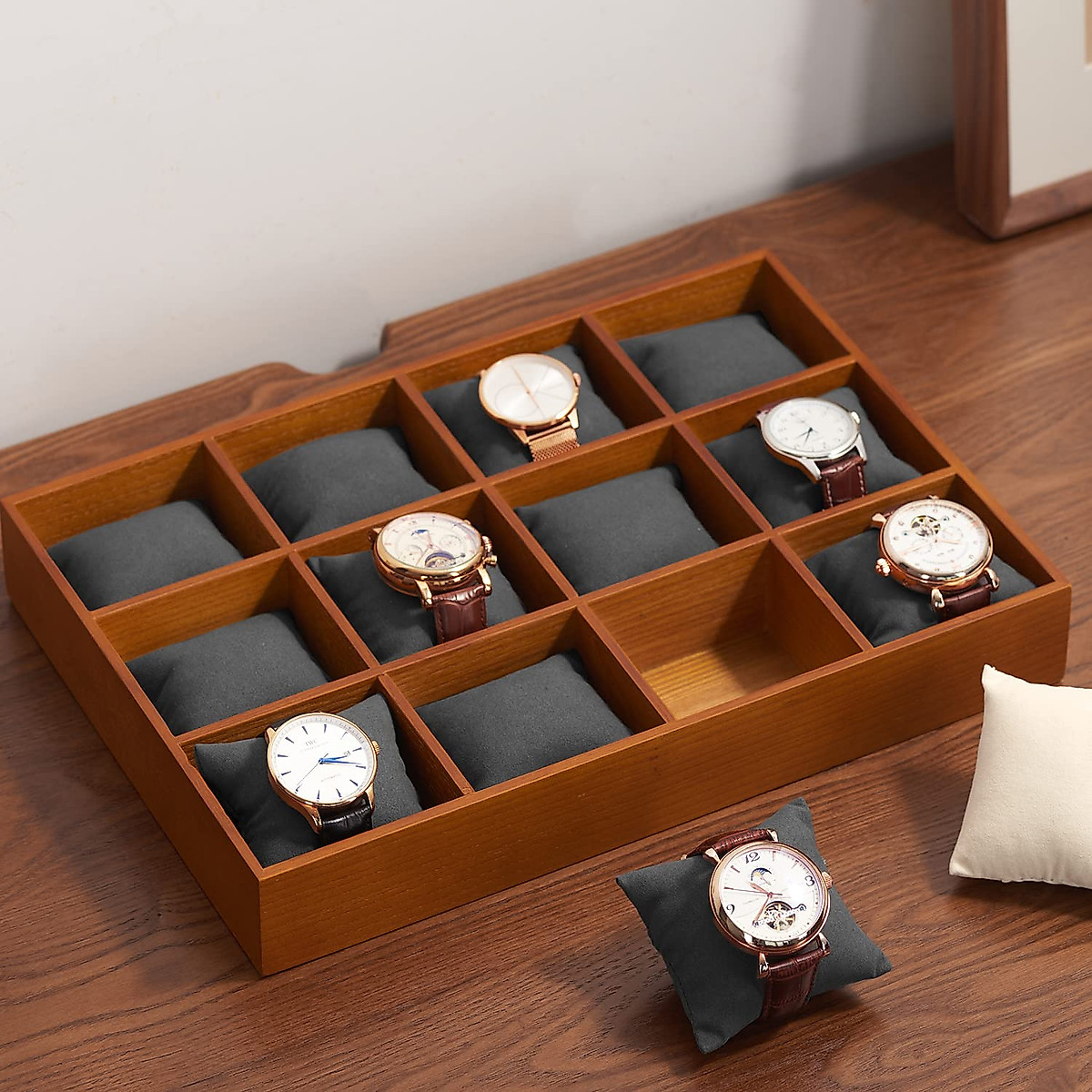 Woodten Solid Wood Watch Storage Tray for Drawer Watch Pillow Organizer Display Tray Showcase (Gray)