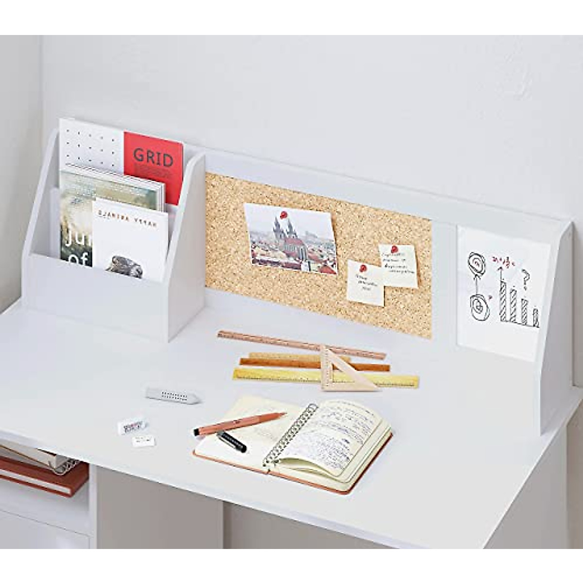 UTEX Kids Study Desk with Chair, Wooden Children School Study Table with Hutch and Chair for 3-8 Years Old, Student's Study Computer Workstation & Writing Table for Home School Use,White