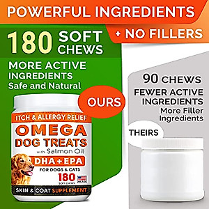 Fish Oil Omega 3 Treats for Dogs - Allergy and Itch Relief - Skin and Coat Supplement - Joint Health - Wild Alaskan Salmon Oil - Shedding, Itchy Skin Relief - Omega 3 6 9 - EPA & DHA - 180 Treats