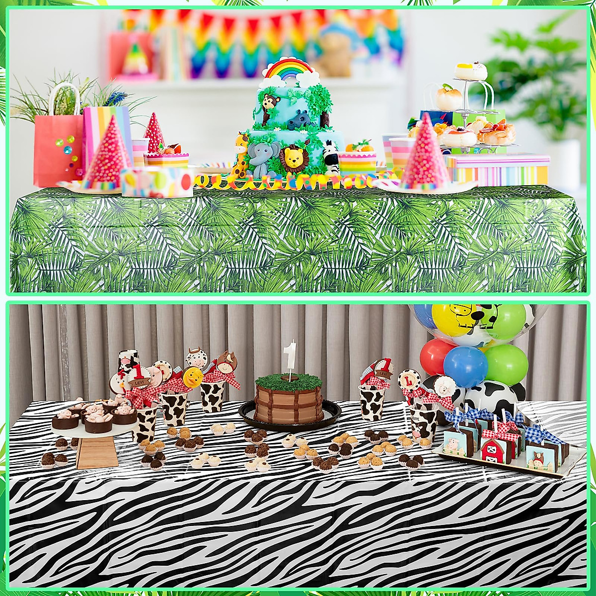 12Pack Animal Safari Tablecloth Jungle Animal Zoo Theme Party Table Cloth Leopard Tiger Zebra Giraffe Palm Leaf Print Table Cover for Jungle Safari Birthday Baby Shower Party Decorations (Six Styles)
