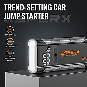 ASPERX AX4500 Jump Starter, 4500A Peak Car Jump Starter for Up to All Gas and 10.0L Diesel Engines, 12V Battery Starter with 4 Inch LCD Display, Lithium Battery Booster with Built-in LED Light