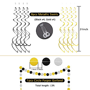 Black Birthday Decorations, Happy Birthday Banner, Paper Pom Poms, Circle Garland and Hanging Swirl Birthday Decorations, Black and Gold Birthday Decorations