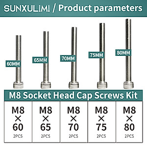 M8 x 60mm 65mm 70mm 75mm 80mm Hex Socket Head Cap Screws Bolts, 304 Stainless Steel, Bright Finish, Fully Threaded, Metric Allen Hex Drive, Assortment Kit 10PCS