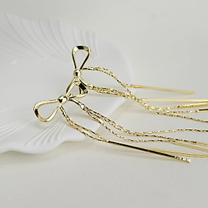 Agriajun Long Gold Bow Tassel Drop Dangle Earrings for Women- Dainty Metal Chain Dangling Shiny Bar Earring Statement Fringe Waterfall Wedding Bridesmaid Prom Jewelry Mother Gifts