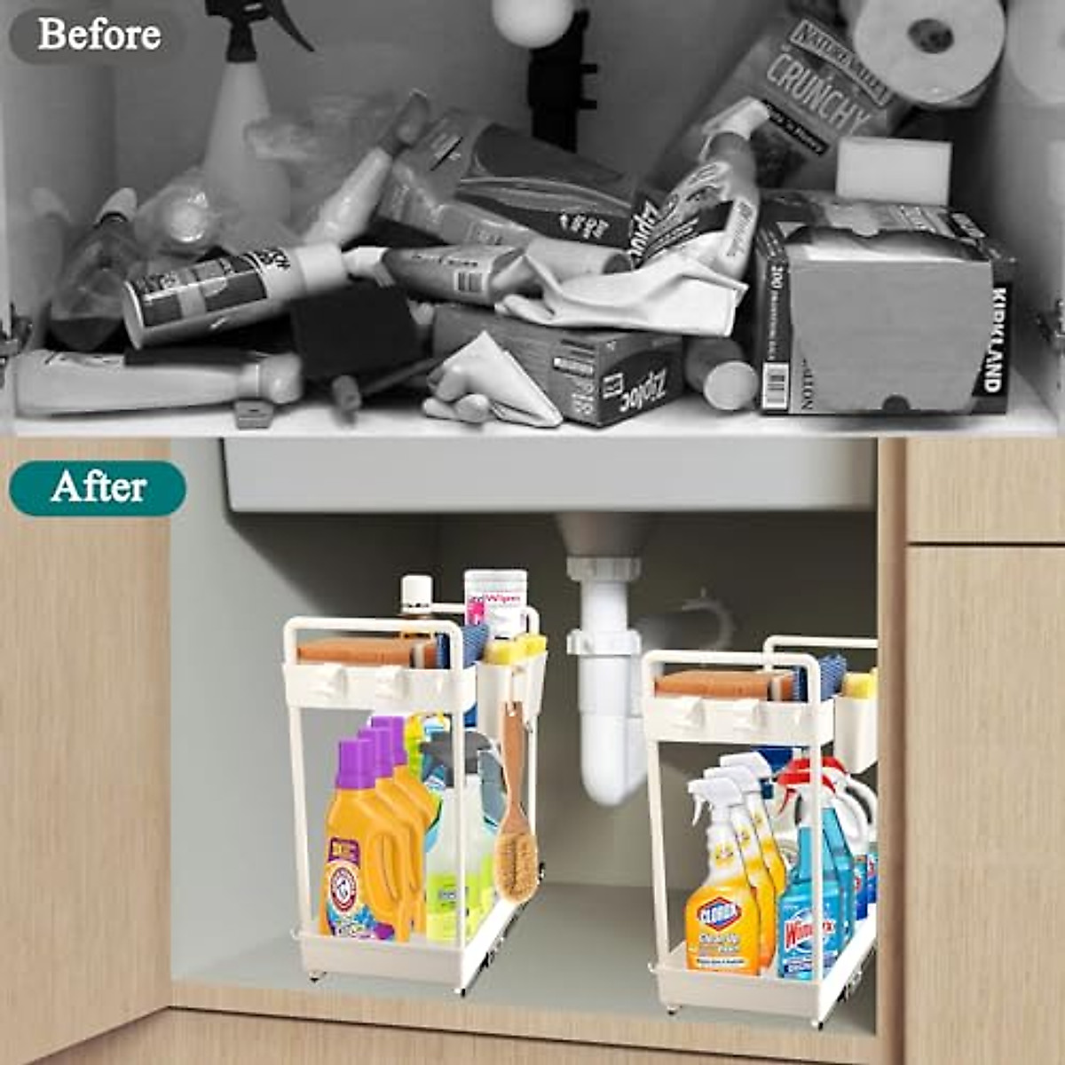 Keiasau Under Sink Organizer and Storage Shelf Pull Out Bathroom Undersink Cabinet Organization Rack with 2 Tier Drawer Baskets for Home Pantry Counter Vanity Countertop Organizing Containers White