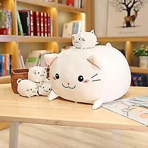 SQEQE Cute Cat Plush Toy with 4 Baby Plush Kitties in her Tummy, Stuffed Cotton Plush Animal Toy Gift for Kids