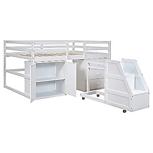 MOEO Full Size Functional Loft Bed with Cabinet, 3 Drawers and Hanging Clothes at The Back of The Staircase, Wooden Bedframe w/Movable Wheels, Maximum Space Design for Kids Bedroom, White