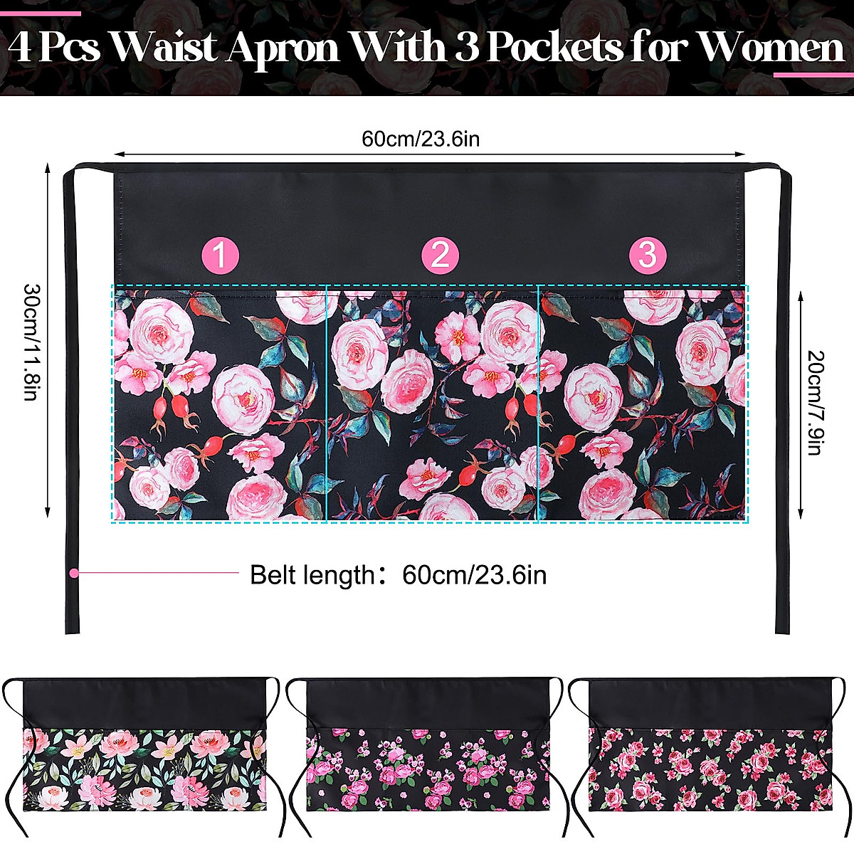 Handepo 4 Pack Teachers Waist Aprons for Women Waist Length Aprons with Pockets Design Adjustable Waist Tie Half Apron for Kitchen Garden Work