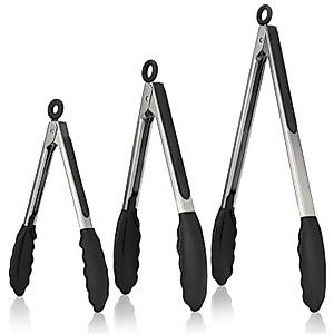 Kitchen Tongs, U-Taste 7/9/12 inches Cooking Tongs, with 600ºF High Heat-Resistant Non-Stick Silicone Tips, 18/8 Stainless Steel Handle, for Food Grill, Salad, BBQ, Frying, Serving, Pack of 3(Black)