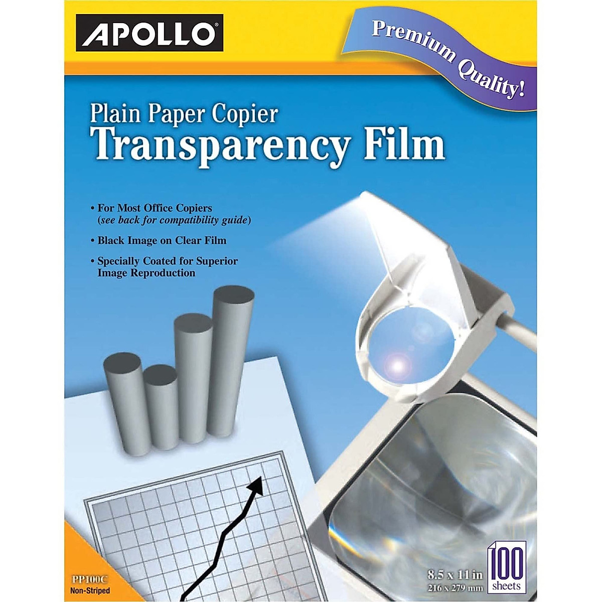 Apollo Plain Paper Copier Transparency Film, Black On Clear, Box Of 100