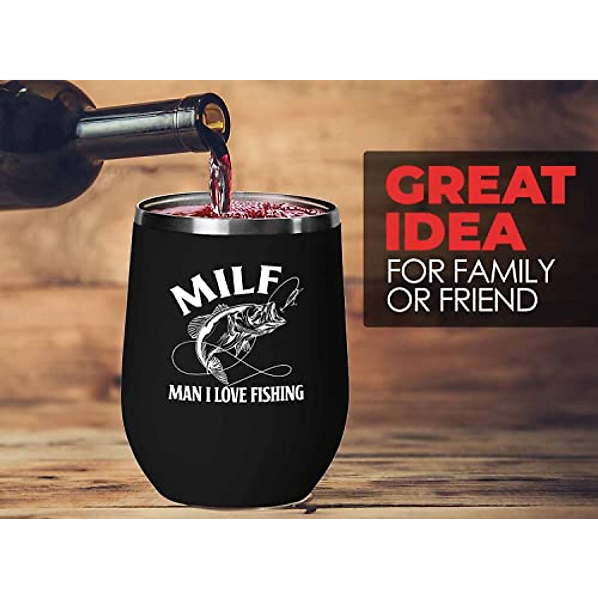 Fishing Black Edition Wine Tumbler 12oz - MILF Man I Love Fishing - Fishing Fisherman Fish Lover Retirement Hook Bait Reel Rod Spooling Fisher Dad Outdoor Hobby