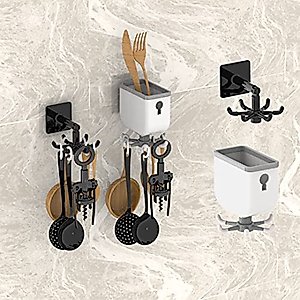 YODAR Kitchen Hanging Utensil Holder Hanger & 360 Degrees Rotating Folding Hooks for Hanging, Wall Mounted Self Adhesive Waterproof Utility Hook for Home Bathroom Office, 2 PCS Black & 2 PCS Grey