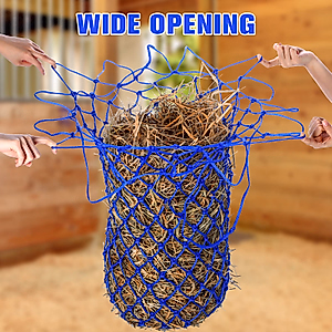 Nuenen 4 Pcs Slow Feed Hay Bag 40 Inch Hay Nets for Horses Hanging Hay Feeder for Goats 2 x 2 Inch Mesh Holes Horse Hay Bag Horse Feeding Supplies for Trailer and Stall, Simulates Grazing (Blue)