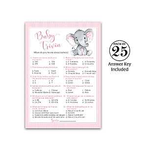 PINK ELEPHANT Baby Shower Game — BABY TRIVIA Baby Shower Games — Pack of 25 — Fun Baby Facts Games, GIRL Baby Shower Games, Pink Cute Polka Dot Baby Elephant Baby Shower Games Activity, SKU G500-TRV