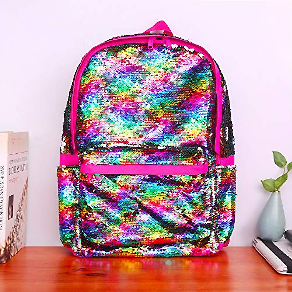 Flip Sequin Backpack for Girls Kids Kindergarten Elementary Middle School Bookbag Cute Spark Book Bags Teen Travel Outdoor Daypack Back Pack(Rainbow)