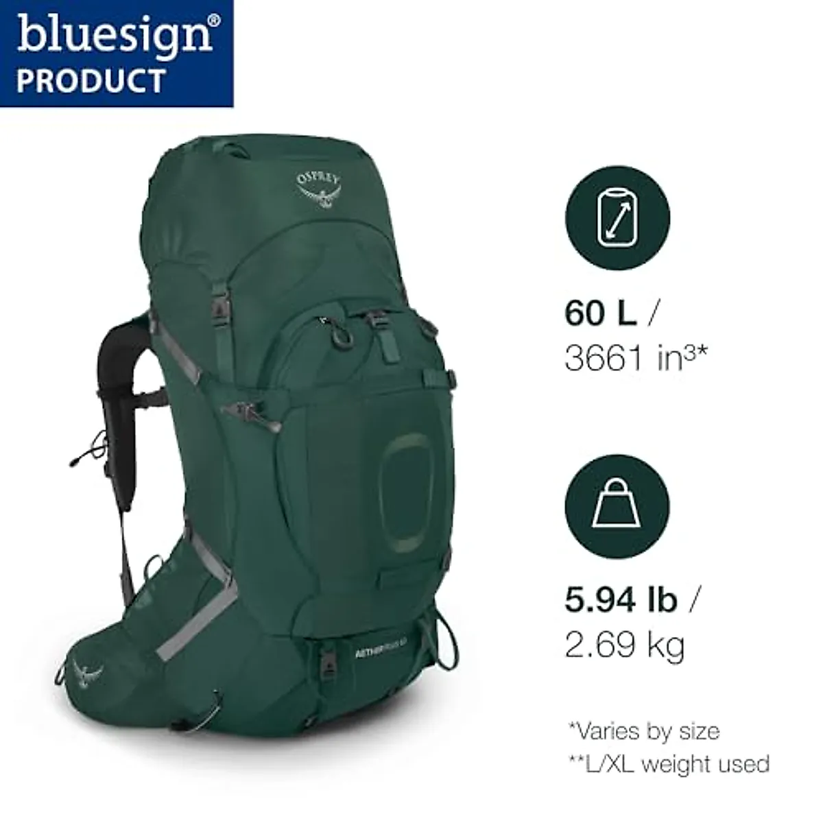 Osprey Aether Plus 60L Men's Backpacking Backpack, Black, L/XL