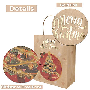 Qirrmiy 24-Pack 10.4” Medium Christmas Gift Bags with Handles, Kraft Brown with Santa Claus, Snowman, Gifts, Gingerbread man, Reindeer, Trees for Gifts, Decorations, Holiday Party, 24 Pcs