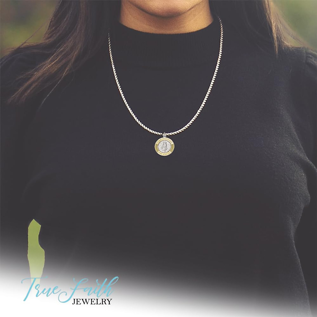 TrueFaithJewelry Sterling Silver St Peregrine Necklace Patron Saint Medal Pendant with 14K Gold Border Religious Jewelry, 5/8 Inch