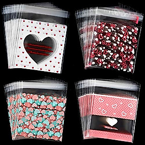 Whaline 400 Pieces Valentine Cellophane Bags Cookie Treat Bags, Heart Self-Adhesive Clear Plastic Candy Bags Party Favor Gifts Goodies Bags, 4 Styles
