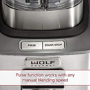Wolf Gourmet High-Performance Blender, 64 oz Jar, 4 Program Settings, 12.5 AMPS, Blends Food, Shakes and Smoothies, Silver Knob with Black Knob Accessory, Stainless Steel (WGBL120SR)
