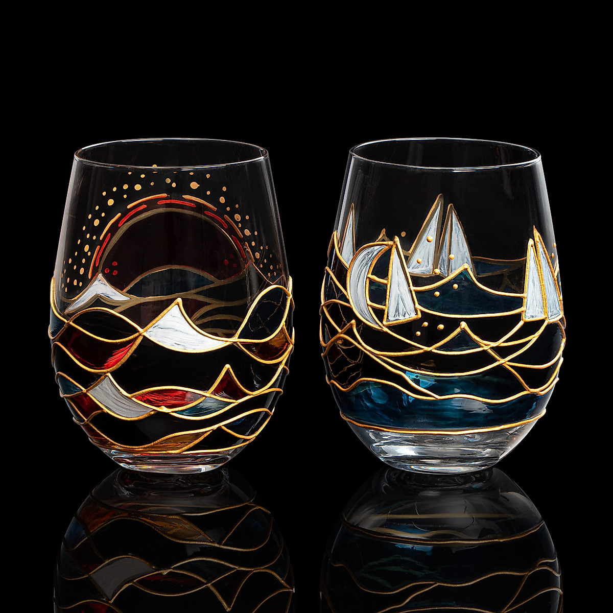 The Wine Savant Artisanal Hand Painted Sunrise Glasses, Stemless Set of 2 Wine, Water & Whiskey Glasses Crystal Tumblers - Gift Idea for Her, Him, Birthday, Housewarming - Large Goblets (18.5 OZ)