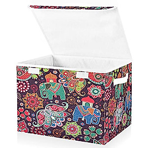 Paisley Elephant Storage Basket 16.5x12.6x11.8 In Collapsible Fabric Storage Cubes Organizer Large Storage Bin with Lids and Handles for Shelves Bedroom Closet Office