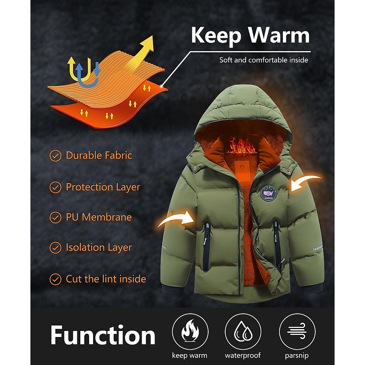 MOERDENG Kids Boy's Winter Coat Waterproof Fleece Lined Thick Down Coats Puffy Cotton Jackets with Hood