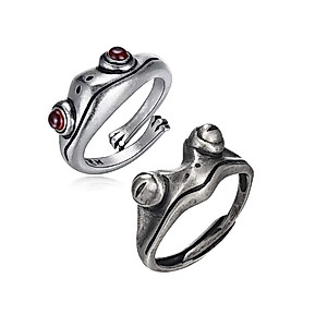 COLORFUL BLING 2 Pcs Frog Open Adjustable Couples Rings Cute Animal Vintage Siver Frog Ring Neutral Red Garnet Finger Jewelry Party Lover Gift Couple Valentine Gift for Women Men