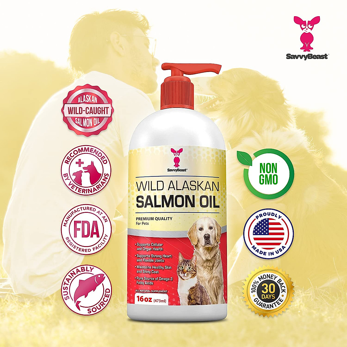 Wild Alaskan Salmon Oil for Dogs, Cats, Ferrets: Unscented Anti-Itch Skin and Coat Supplement with Omega-3 Vitamins - Liquid Fish Allergy Relief Pump on Food - Kitten Supplies & Accessories Stuff