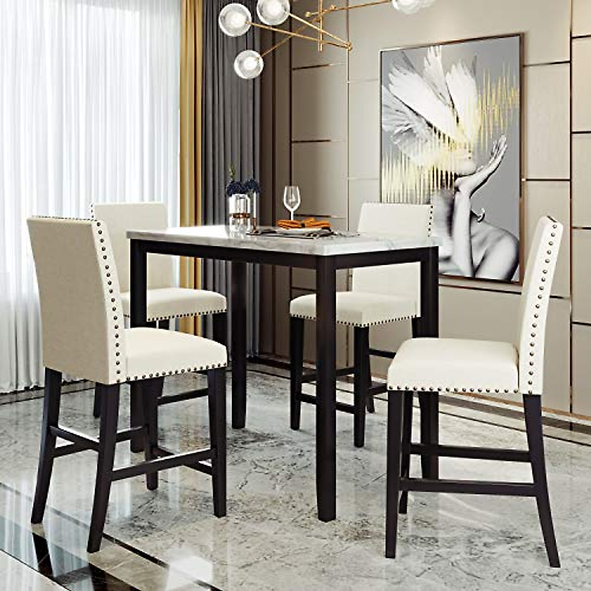Harper & Bright Designs 5-Piece Kitchen Table Set Faux Marble Top Counter Height Dining Table Set with 4 Beige Fabric Upholstered Chairs