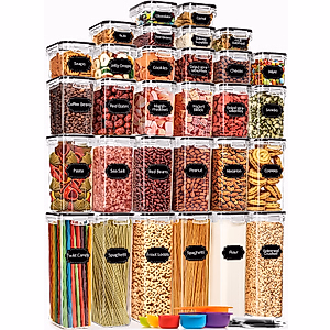 30 Pack Airtight Food Storage Containers for Kitchen Pantry Organization and Storage, BPA-Free, PRAKI Plastic Storage Canisters with Lids - Cereal, Flour and Sugar, Include 40 Labels, 6 Spoon & Marker