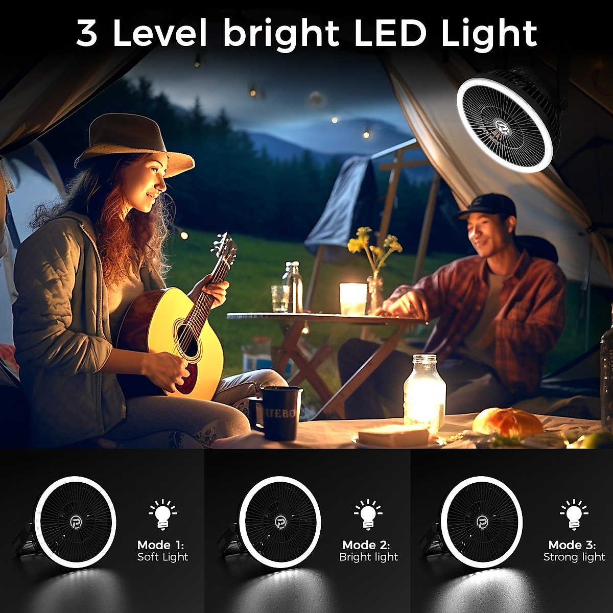 Camping Fan with Light, 10000mAh Rechargeable Battery Powered, Portable Fan for Tent Travel Outdoor RV Hurricane Emergency