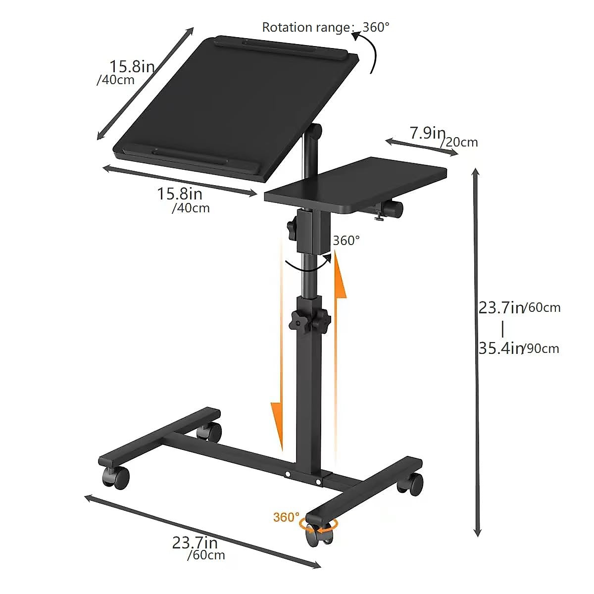 NC Furist Bedside Table Rolling Laptop Tray and Projector Cart, Height Adjustable Presentation Cart with Wheels | Overbed Table with Tilting Tabletop (QQ-15 Black))