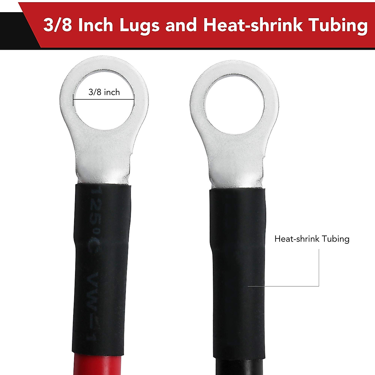 LotFancy 6 AWG Wire, 6 Guage 20inch Red + 20inch Black Tinned Copper Battery Cables with 3/8" Lugs for Automotive Marine Solar ATV RV Mower Motorcycle