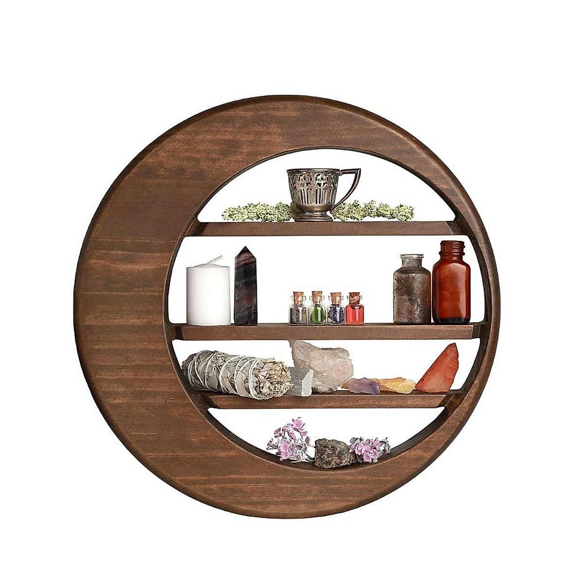 Hijnx Moon Premium Round Wall Shelf for Crystals Display - Essentials Storage Shelf - Solid Wood Craftsmanship Wall Art - Crescent Moon Shelf - Beautiful & Decorative for Your Beloved Ones., Brown