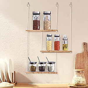 LUNKOEN Lunkeon 3 Tier Macrame Wall Hanging Shelves Boho Room Decor Handmade Cotton Rope,Wooden Hanging Storage Floating Shelves for Small Plants Books Decor,Living Bedroom Room Bedroom