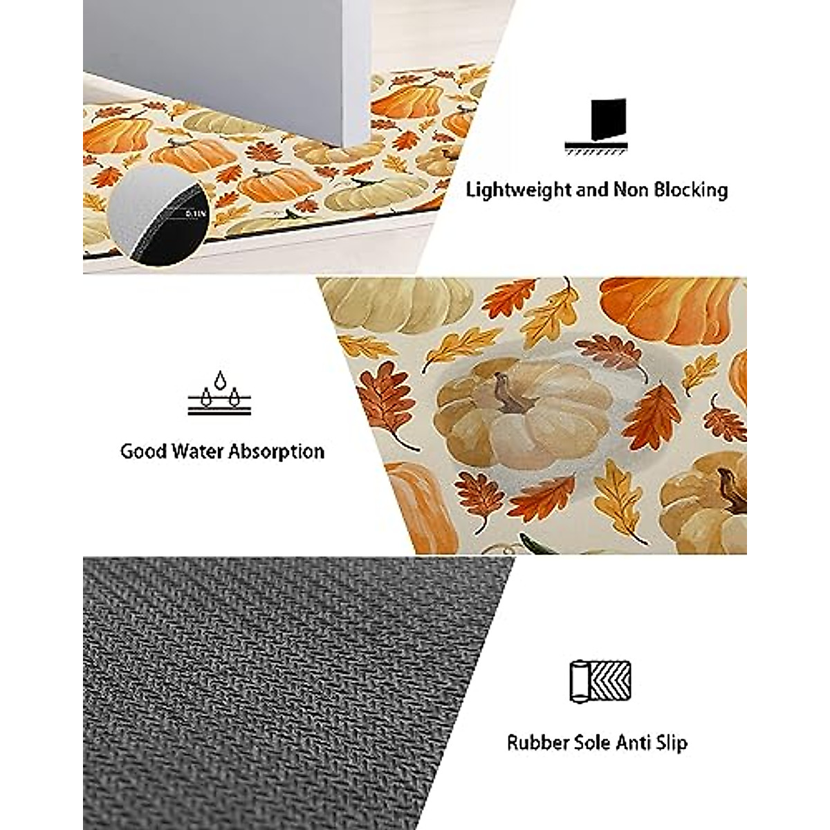 Fall Pumpkin Bath Mat for Tub,Non Slip Bathroom Floor Runner Rug Quick Dry & Absorbent Diatomaceous Earth Kitchen Room Shower Sink Washable Doormat,Thanksgiving Orange Harvest Wheat Farmhouse 20"x32"