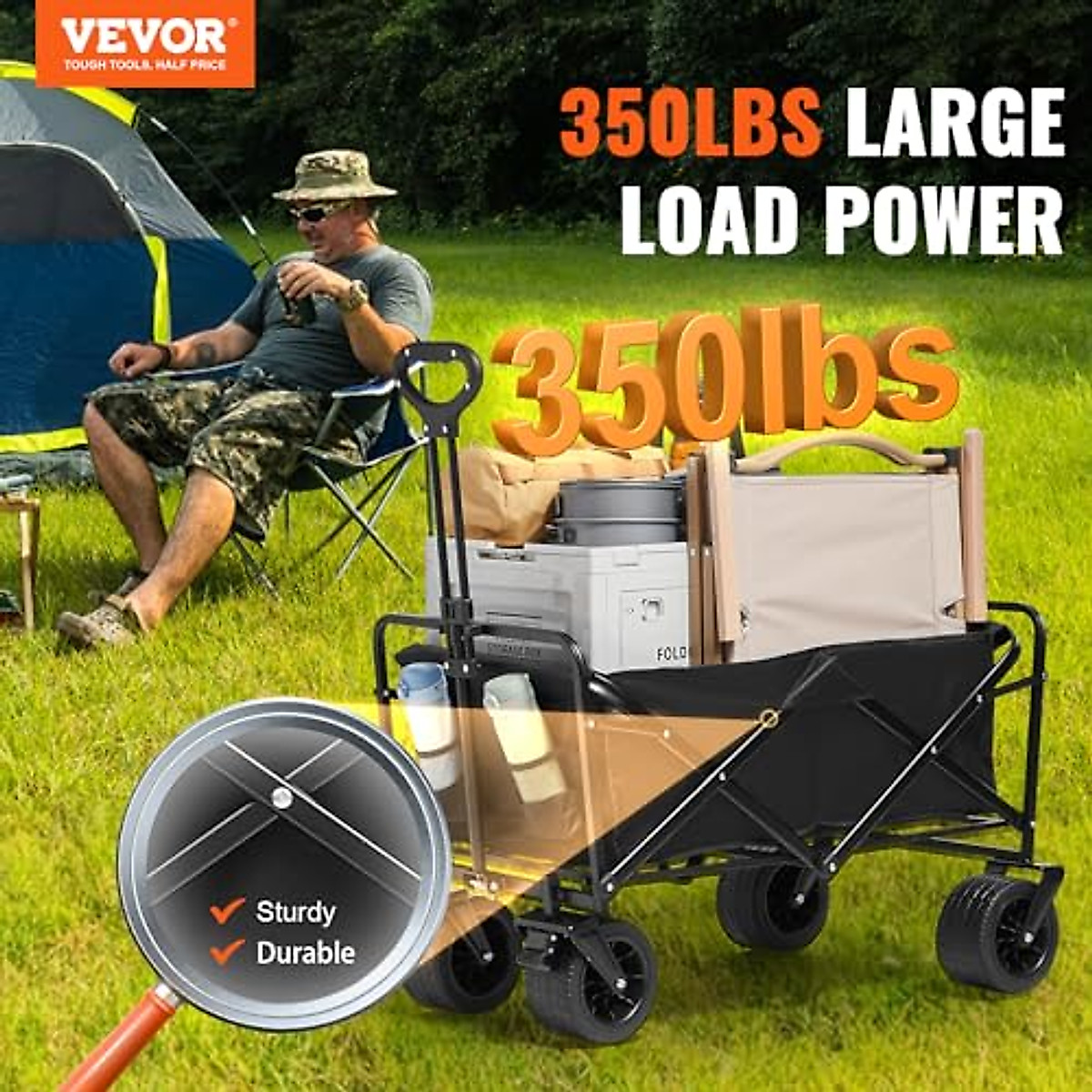 VEVOR 350lbs Collapsible Foldable Wagon Cart, Heavy Duty Foldable Utility Beach Wagon with Big Wheels, Portable Garden Cart Grocery Wagon Camping Wagon with All Terrain Wheels and Drink Holder