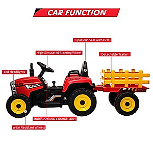 Kids Battery Powered Electric Tractor with Parent Remote Control & Trailer, Toddler 12V Ride On Toy with Dual Motors /2+1 Gear Shift/ 7-LED Lights/USB & Music Player,Red,25W/Treaded Tires