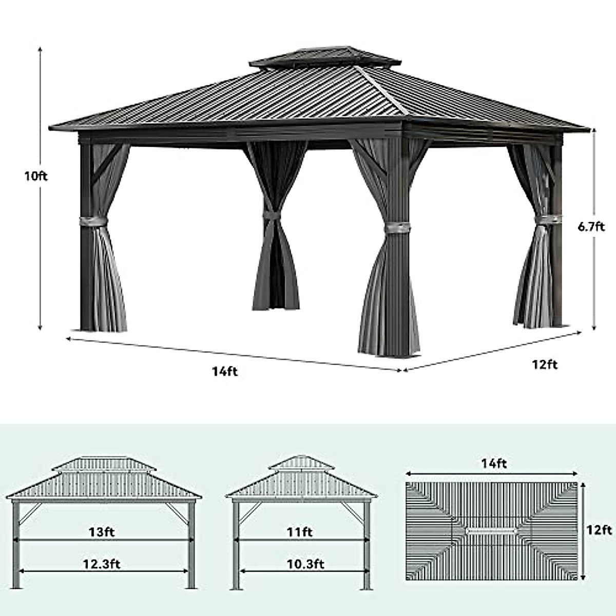 YITAHOME 12x14ft Hardtop Gazebo with Nettings and Curtains, Heavy Duty Double Roof Galvanized Steel Outdoor Combined of Vertical Stripes Roof for Patio, Backyard, Deck, Lawns, Gray