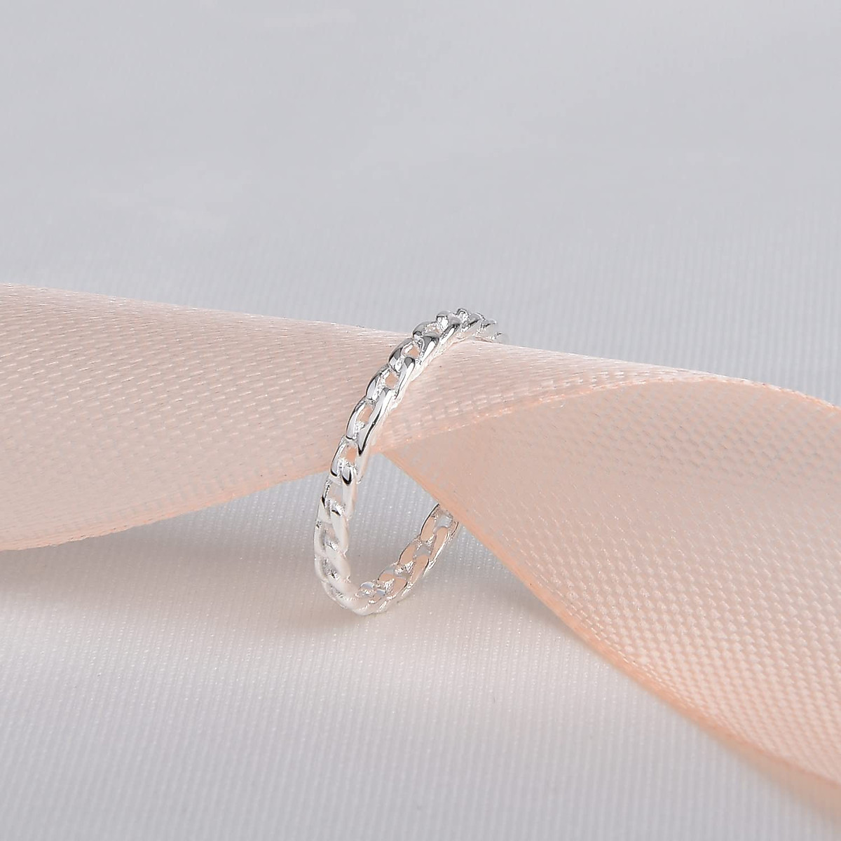 CANDYFANCY 2mm Thin Simple Cuban Chain Link Rings 925 Sterling Silver Filigree Cool Plain Minimalist Middle Finger Thumb Stacking Band Rings Size 2.5