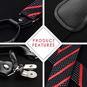 HISDERN Bow Tie and Suspenders for Men Red Striped Suspender and Bowtie Handkerchief Set Adjustable Y Shape 6 Clips Wedding Brace