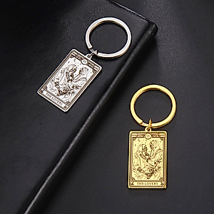TEAMER Skeleton Tarot Cards Keychains Stainless Steel Amulet Marigold Tarot Card Major Arcana Keyring for Keys Cars Bags (Steel Color-THE LOVERS)