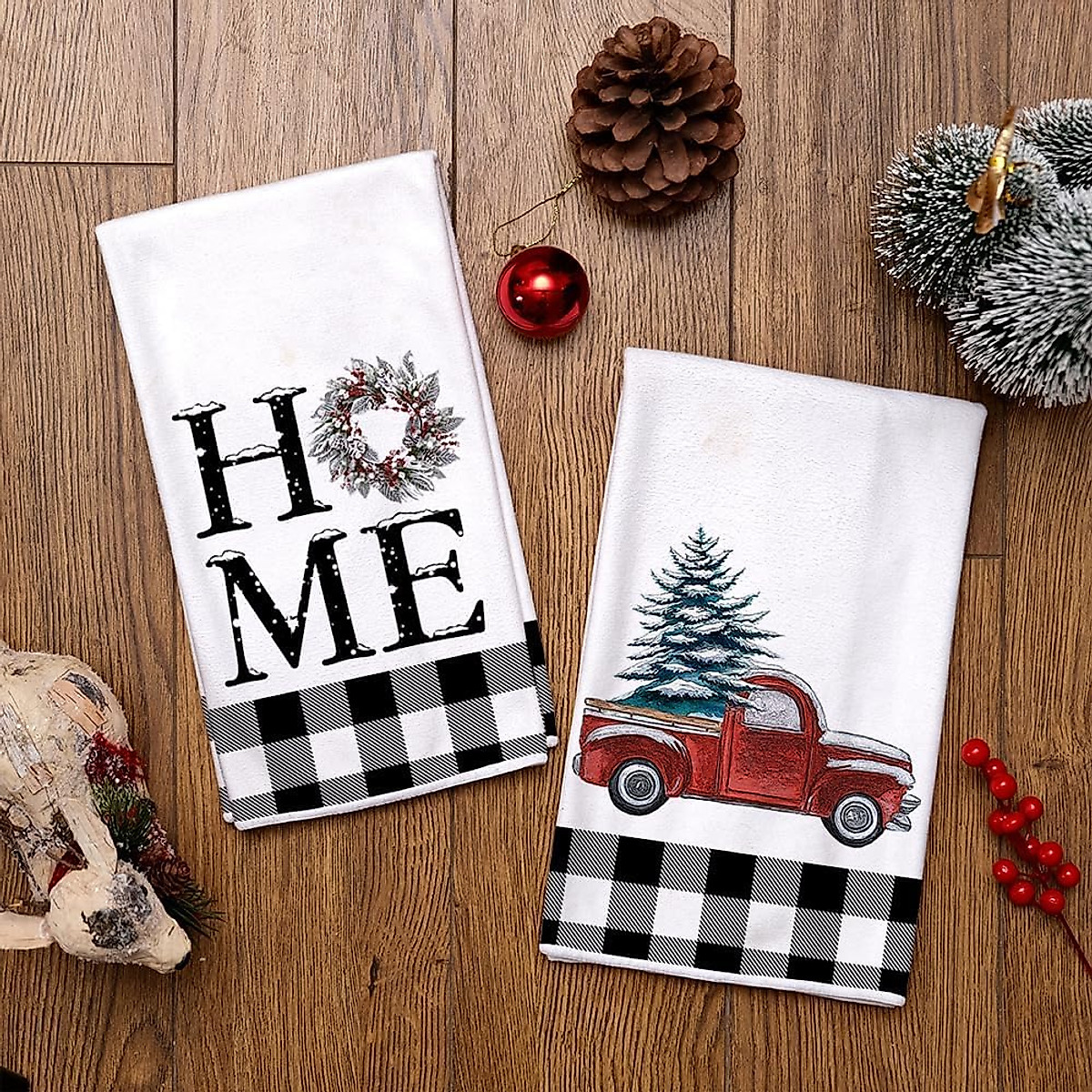 ARKENY Christmas Dish Towels for Christmas Decor Black Buffalo Plaid Kitchen Towels 18x26 Inch Xmas Wreath Snow Washcloths Seasonal Noel Red Truck Home Hand Towel for Cooking Set of 2