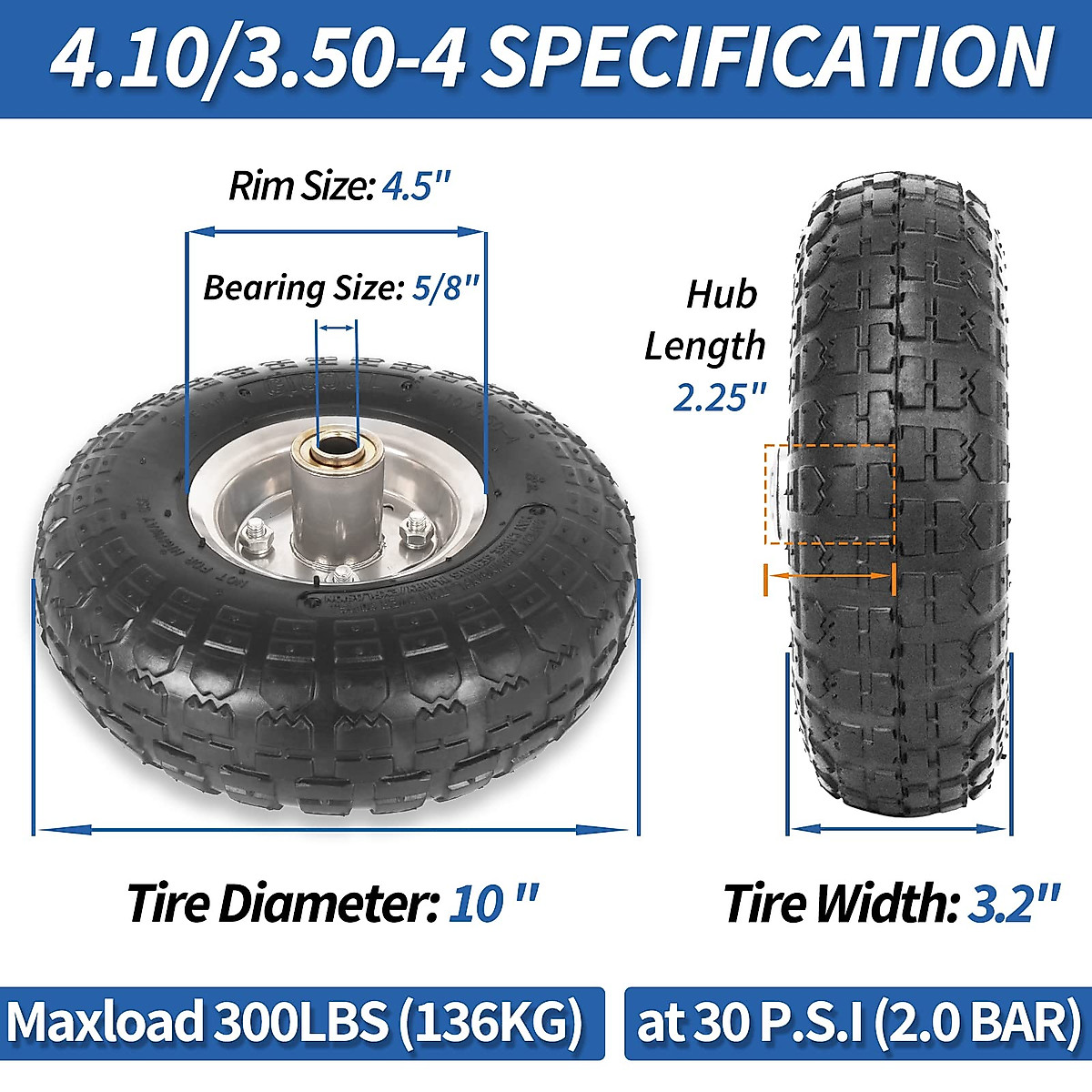 GICOOL 4.10/3.50-4" Tire and Wheel, 10" Pneumatic Tire, with 2.25" Offset Hub, 5/8" Axle Bore Hole, Sealed Bearings, for Hand Truck Trolley Dolly Garden Wagon Cart Wheel Replacement, 2 Pack