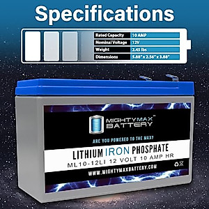 Mighty Max Battery Mighty Max Battery ML10-12LI - 12 Volt 10 AH Deep Cycle Lithium Iron Phosphate (LiFePO4) Rechargeable and Maintenance Free Battery